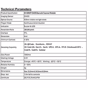 EVAWGIB Embedded 2D Barcode Scanner Module Kiosk Arduino Barcode Scan Engine TTL Small QR PDF417 Code Barcode Scanner Module
