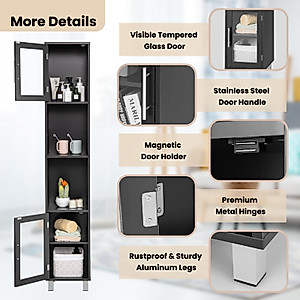 Tangkula Tall Bathroom Cabinet, Home Living Room Wood Storage Cabinet Free Standing w/ 4 Shelves and 2 Glass-Paneled Doors Suitable Tall Bathroom Cabinet