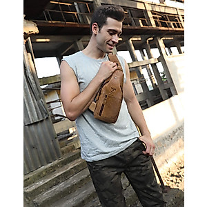 FANDARE Men Chest Bag Genuine Leather Crossbody Shoulder Bag Sling Bags Backpack Messenger Bag Daypack for Business Sport Hiking Travel Waterproof One shoulder Backpack Yellow Brown