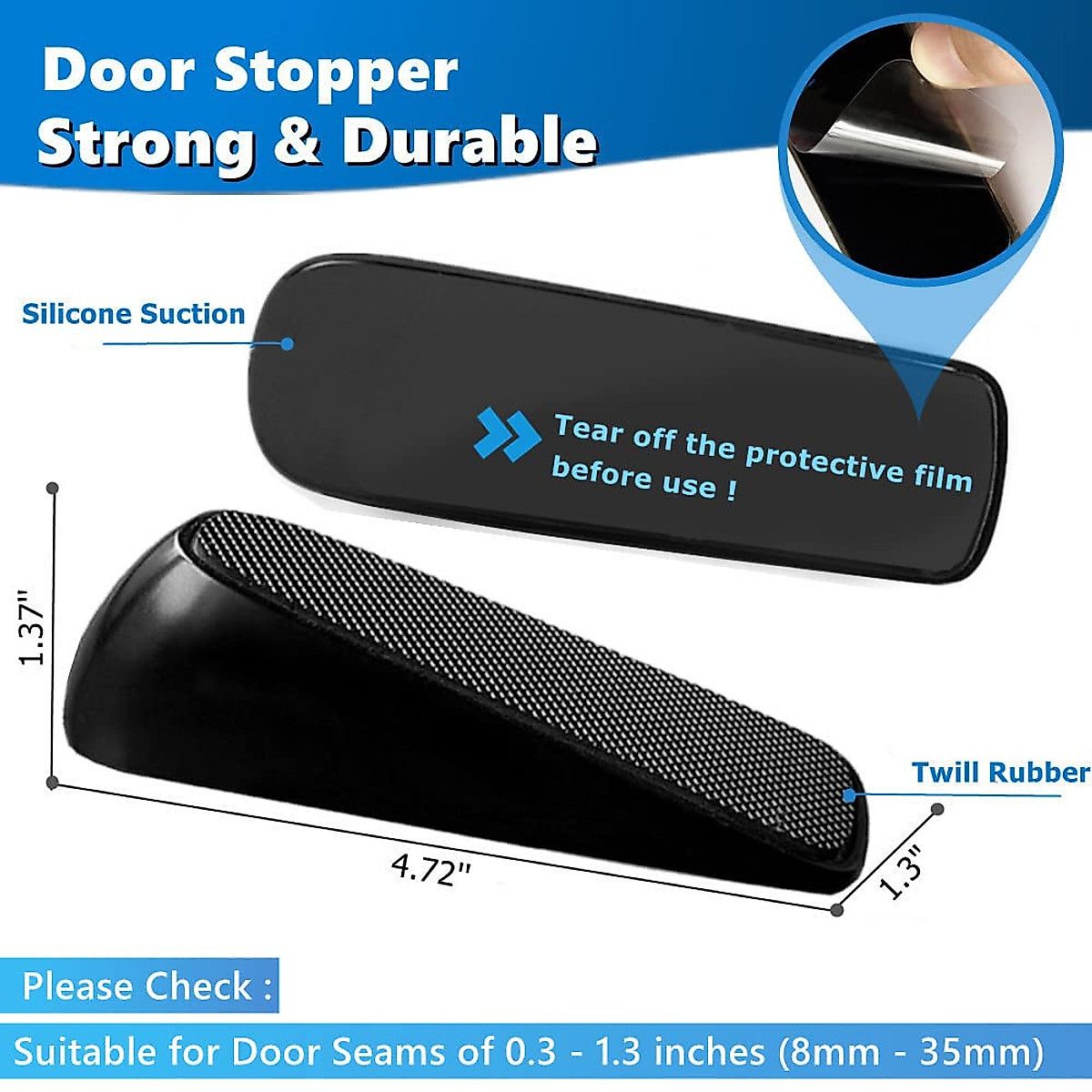 Amedoo Door Stoppers (2 Pack) Heavy Duty Door Stop Wedge Made of Premium Quality Zinc Alloy and Rubber, Comes with 2Pcs Adhesive Storage Holder. (Black, 2 Pack)