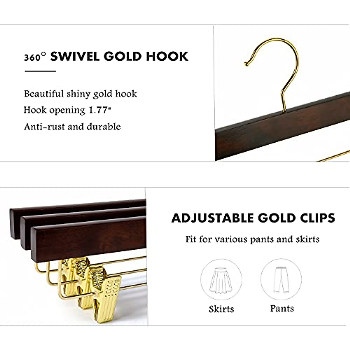 HUMIA 28 Pack Walnut Wooden Pants Hangers with Gold Hook, Solid Wood Skirt Hanger Trousers Bottom Hangers with 2 Adjustable Gold Clips, Clothes Hanger for Jeans, Shorts, Slacks (Walnut, 28)