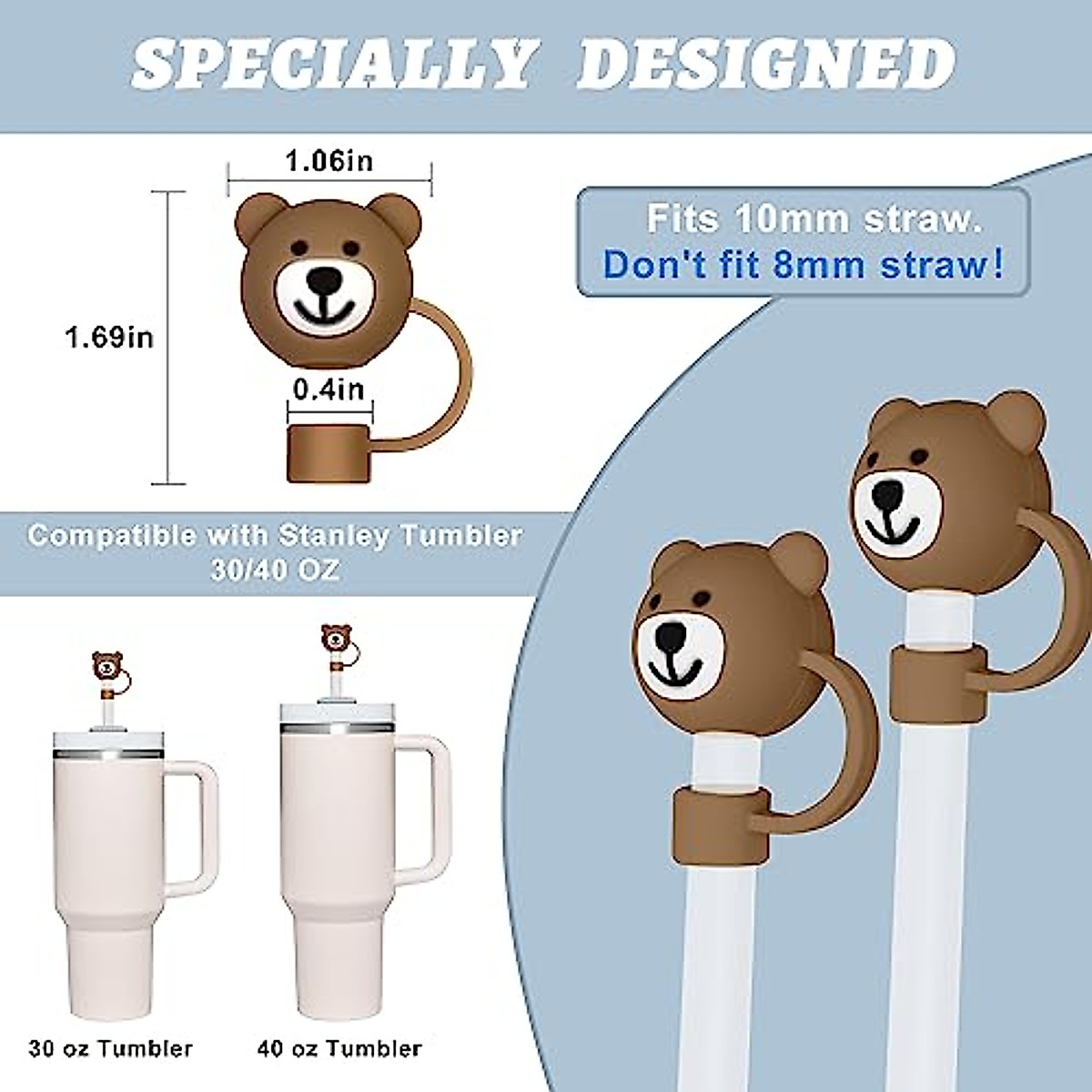 UBEEKOO Tumbler Cup Boot and Straw Covers Cap, Compatible with Stanley Tumbler 30/40oz, Including 1 Protective Silicone Boot and 1 Straw Toppers,Brown Bear 10mm