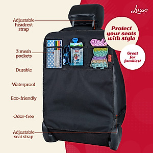 Lusso Gear Heavy Duty Kick Mats (2 Pk) - Waterproof Back Seat Organizer - Sag Proof Car Seat Cover for Kids - Black Kick Mats Car Protector with 3 Reinforced Storage Pockets - Backseat Protector