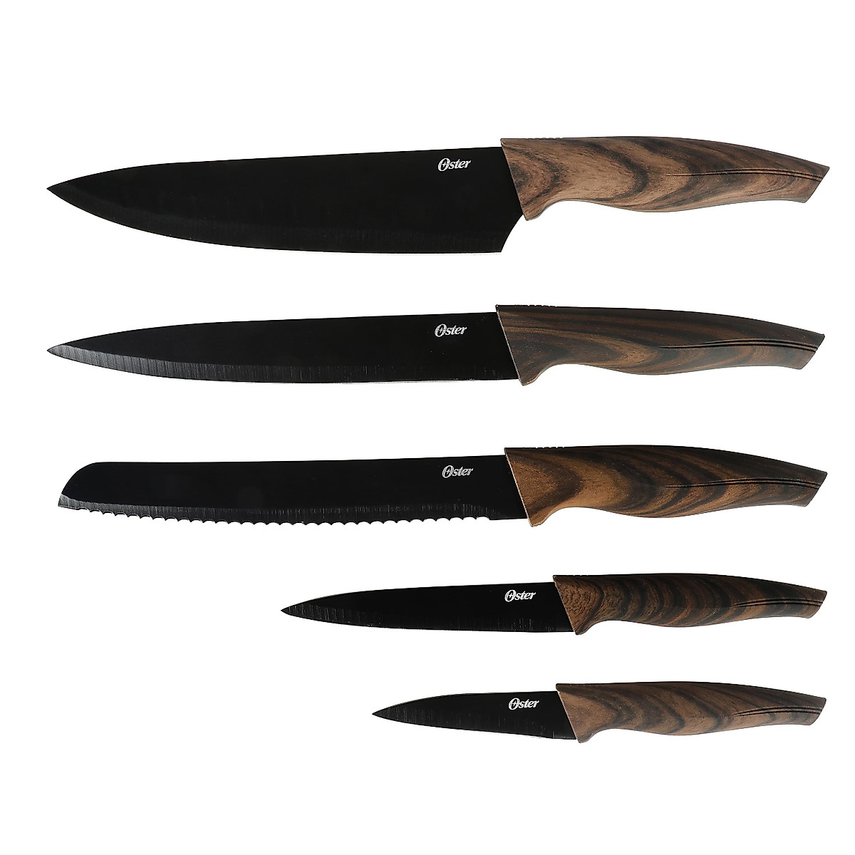 Oster Godfrey 5-Piece Kitchen Cutlery Knife Set w/Black Blade and Wood Look Handle