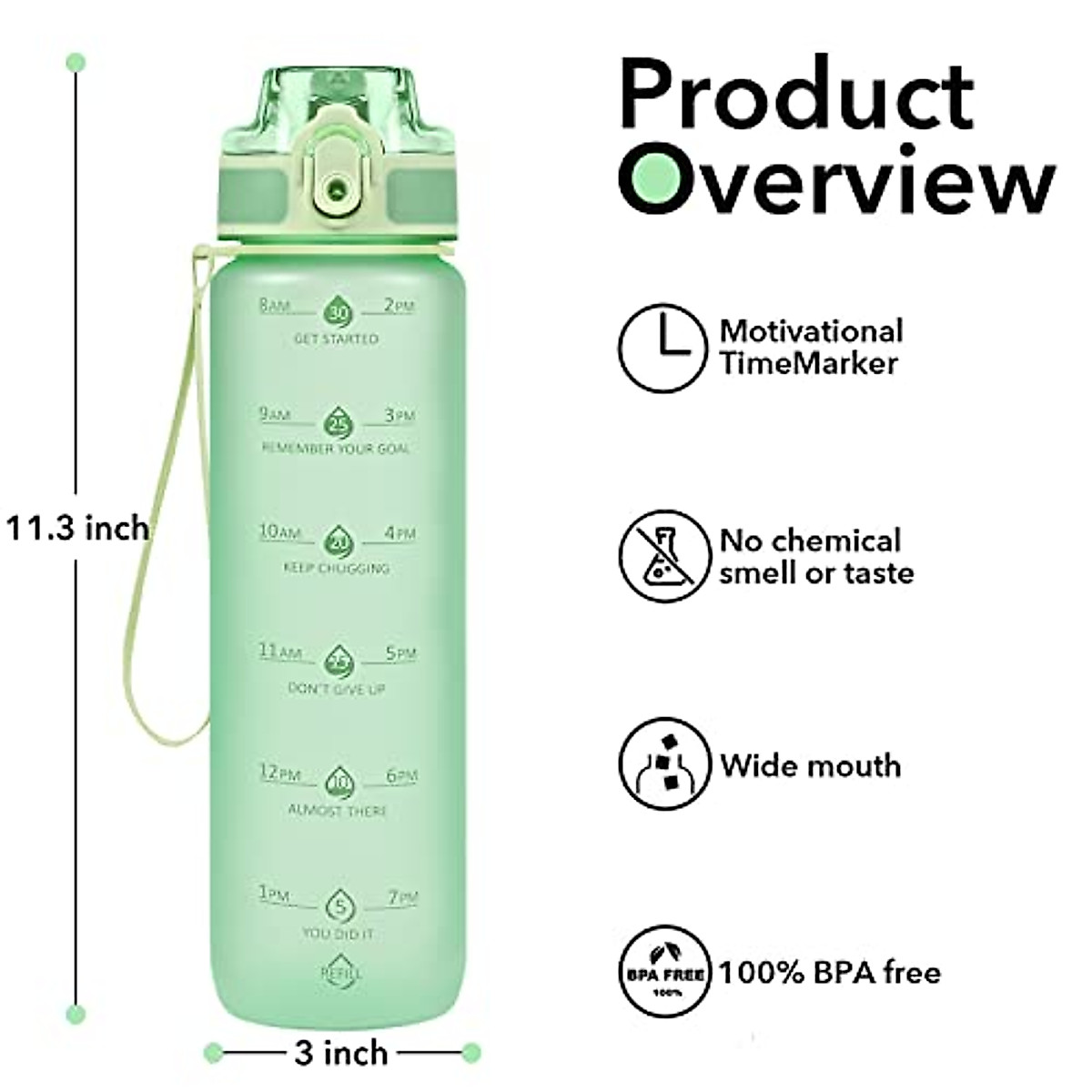 Alwager 32oz Motivational Water Bottles with Time Marker & Fruit Strainer, Single Color Water Bottle with Times to Drink, Leakproof & BPA Free, Reusable Plastic Bottle with Strap (No Straw)