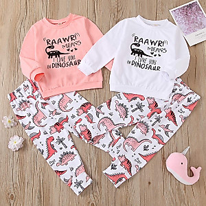 BOUTIKOME Toddler Baby Girls Clothes Sets Little Girl Dinosaur Long Sleeve Shirts Tops + Pants 2pcs Fall Winter Outfits(Pink,3T)