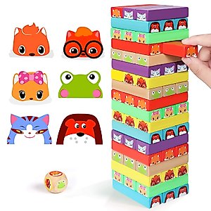 Lewo Colored Stacking Game Wooden Building BlocksTower Board Games for Kids Adults 54 Pieces (Colorful Stacking Gane)