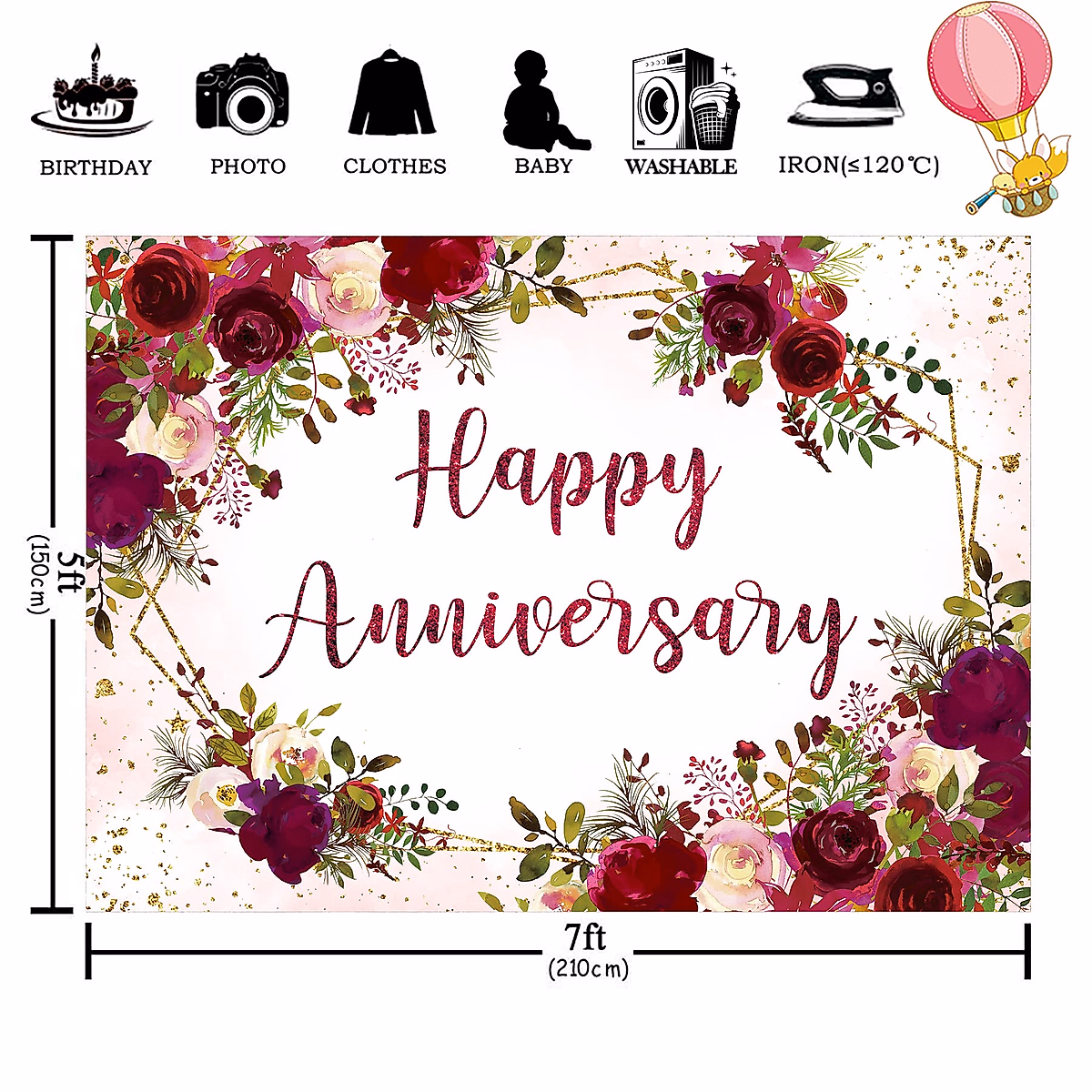 Homewelle Happy Anniversary Backdrop 7Wx5H Feet Polyester Fabric Elegant Burgundy Flower Rose Plant Botanical Decoration Green Leaves Gold Glitter Photography Background Photo Shoot Props