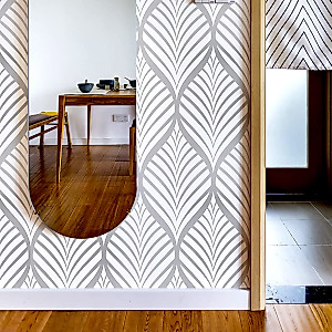 Amiya Silver Gray Peel and Stick Wallpaper Modern Boho Removable Vinyl Contact Paper Leaf Self Adhesive Bathroom Wallpaper for Cabinets 17.7" x 120" Renter Friendly