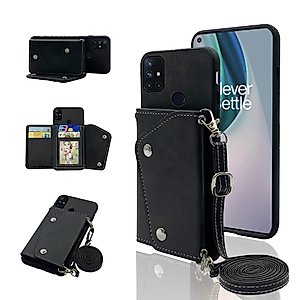 Compatible with OnePlus Nord N10 5G Wallet Case with Crossbody Shoulder Strap and Stand Leather Credit Card Holder Cell Phone Cover for One Plus N 10 G5 1 Plus 10N 1plus One+ 1+ N105G Girls Black