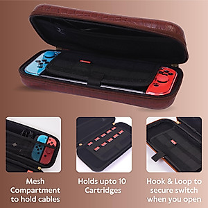 DreamController Limited Edition Genuine Leather Hard Shell Travel Case for Nintendo Switch with 10 Gamecard Slot with Back Protective Dockable Case, 2 Joycon Cover, 4 Thumbstick Cap & Screen Protector