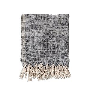 Creative Co-Op Woven Wool Blend Fringe Blanket Throw, Single, Blue