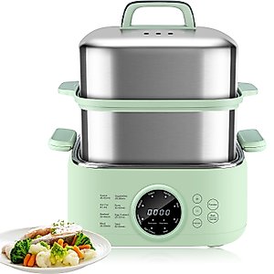 spoonlemon Electric Food Steamer, 9.3L 2-Tier Digital Steamers for Cooking with 24H Booking & 6H Auto Warming, 8 Modes Fast Heating Vegetable Steamers Stainless Steel with Boil Dry Protection, Green