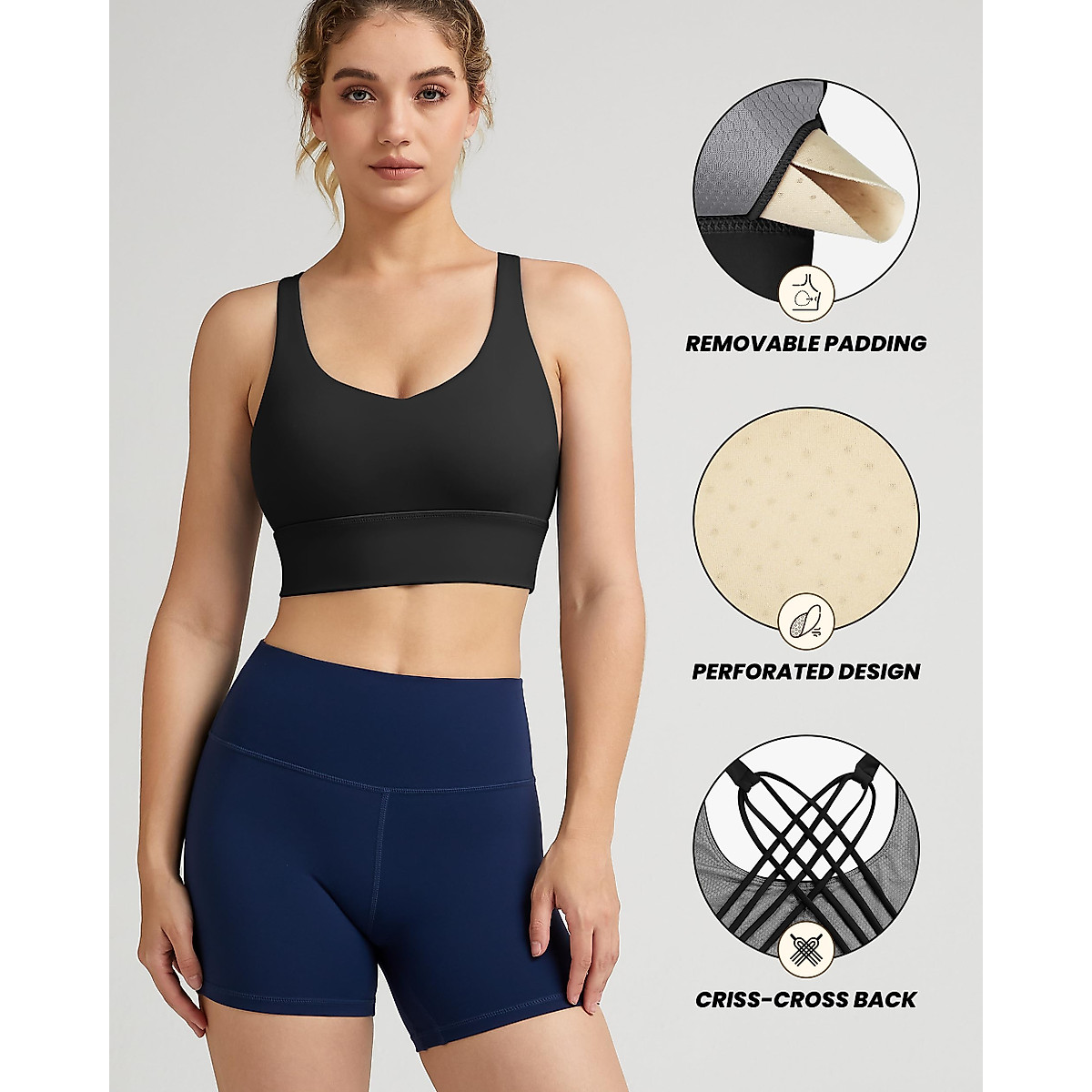 QUEENIEKE Strappy Longline Sports Bras for Women - Wirefree Spaghetti Criss Cross Workout Gym Yoga Free to Be Bra (Black, Medium)