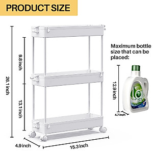 SPACEKEEPER Slim Rolling Storage Cart, Laundry Room Organization, 3 Tier Mobile Shelving Unit Bathroom Organizer Storage Rolling Utility Cart for Kitchen Bathroom Laundry Narrow Places(White)