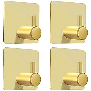 Biomoty Gold Adhesive Hooks, 4 Pack Wall Hooks Heavy Duty, Waterproof Sticky Hooks for Hanging Towel, Key, Coat, Hat, Robe, Clothes, Towel Hook for Bathroom Kitchen Wall Mounted (Gold)