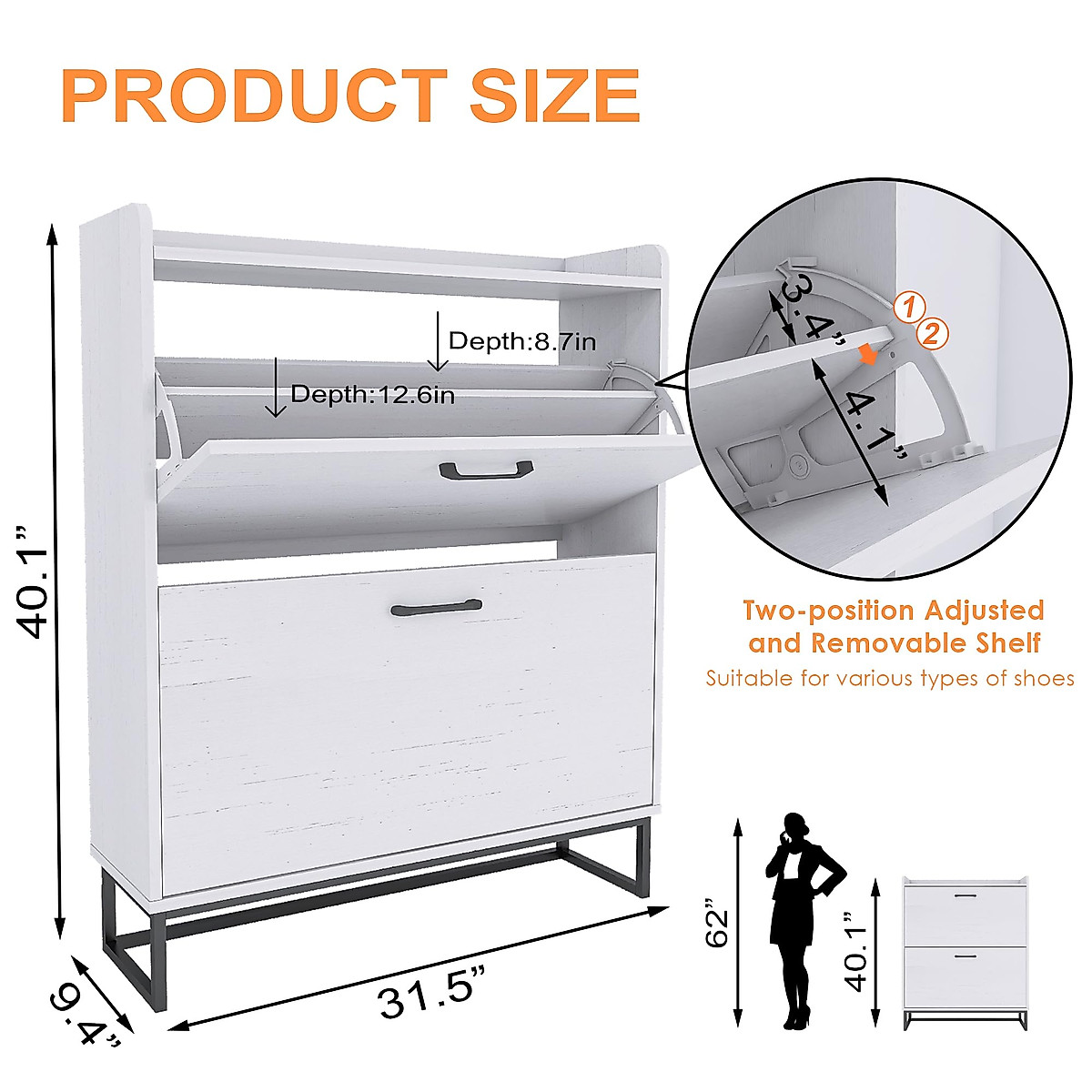 HMYZOM Shoe Cabinet with 2 Flip Drawer, Hidden Shoe Storage Cabinet for Entryway, Narrow Shoe Rack with Adjustable Shelf & Metal Legs, Freestanding Shoe Organizer for Hallway, Living Room, Grain White