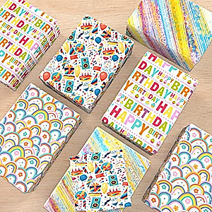 RiukRaiu Birthday Wrapping Paper for Kids Boys Girls - Gift Wrapping Paper with Rainbow, Music Party - Suitable For Birthday, Baby Shower, Party, Holiday - Pack Of 8 Sheets 20 x 29 Inch, Folded Flat