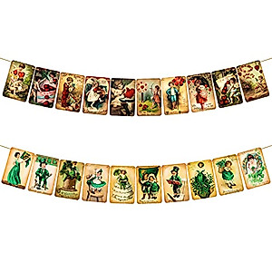 2 Vintage Style St. Patricks Day Hanging Banner, Party Supplies Old Style Hanging Garland Ornaments Cupid Clover Decorations, Traditional Irish Day Sign for Holiday Party Home Wall Window Decor
