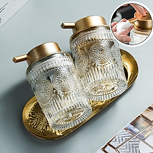 Hand Soap Dispenser Marble Dish Soap Dispenser Countertop Hand Lotion Pump Bottles Ceramic Lotion Container Refillable Liquid Hand Soap Jar Shower Dispenser (2 pcs Glass + Gold Tray)