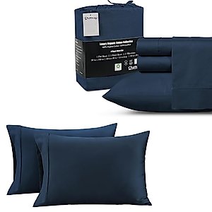 100% Organic Cotton Twin Sheet Set & Standard Pillowcases Set of 2 Combo- 300 Thread Count Long Staple Cotton Sheets,3 Pc Twin Size Sheets & Standard Pillowcases Sateen Sheets Breathable - Dark Denim