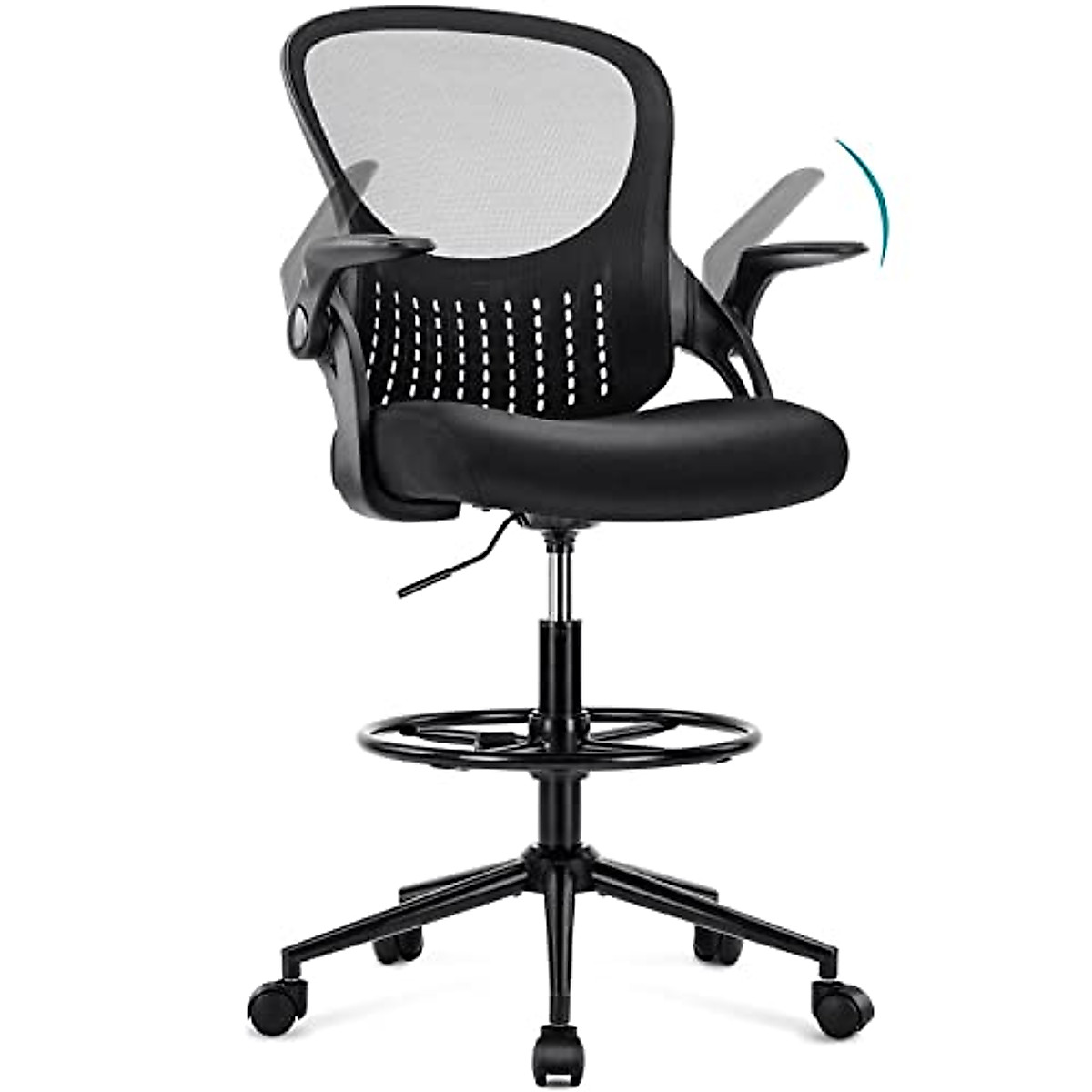 edx Drafting Chair Tall Office Chair, Tall Standing Desk Chair Counter Height Tall Adjustable Office Chair with Flip-up Arms/Wheels, Mid Back Mesh Office Drafting Chairs for Standing Desk