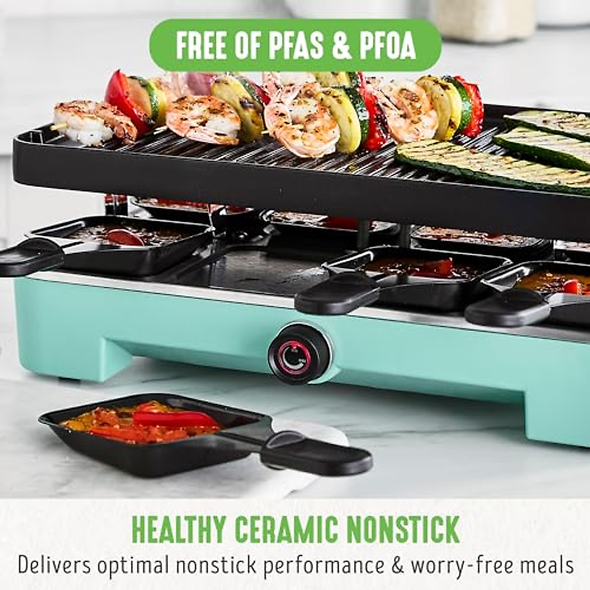 GreenLife Raclette Indoor Tabletop Grill, Healthy Ceramic Nonstick, 2-in-1 Grill and Griddle, 8 Square Nonstick Pans, Adjustable Temperature Control, Easy Indicator Light, PFAS-Free, Turquoise