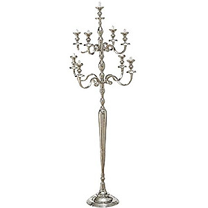 Whole House Worlds Hamptons Tall Nine Candle Silver Candelabra, Handcrafted of Silver Aluminum Nickel, 6 Feet Tall (71 Inches Tall -180 cm) for 9 Candles cm. Aluminium. Freestanding