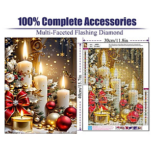 Christmas Diamond Painting Kits for Adults, Christmas Candles Diamond Art for Beginners, 5D Round Full Drill Winter Diamond Painting Gem Art Kits for Home Wall Decor 12x16inch
