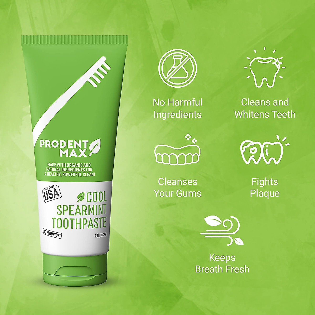 Cool Spearmint Natural Toothpaste, Whitening Toothpaste for Oral and Gum Health, For Adults and Kids Toothpaste with No Fluoride, Cleans Teeth and Freshens Breath, 4 oz