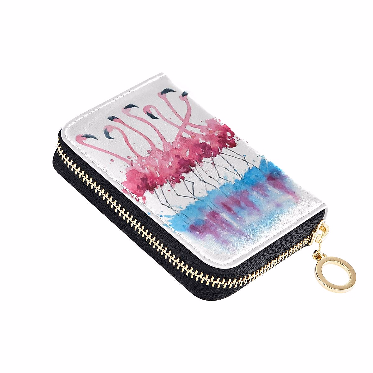 MOYYO RFID Credit Card Holder Case Watercolor Flamingos Leather Printed Zipper Card Case Wallet for Women Girls