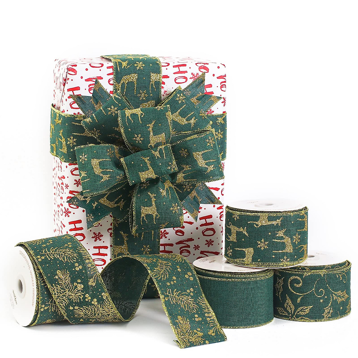 UNIQOOO 40 Yards 4 Rolls Seamless Green Christmas Wired Ribbon Set, 2.5 inch x 10yd. Satin Burlap Wired Edge Ribbon for Xmas Tree Décor, Gift Wrap Box, Bows, Wreath, Garland, Floral DIY Craft, Wedding