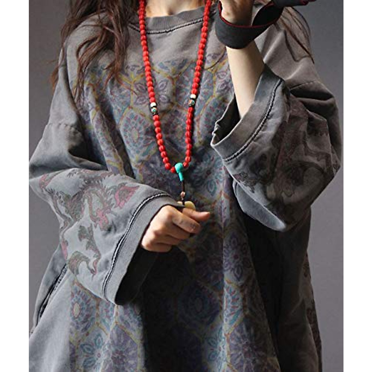 YESNO Women Ethnic Floral Sweatshirts Jacket Plus Size Crew Neck Long Sleeve with Pockets JCJ (One Size YQ7 Gray)