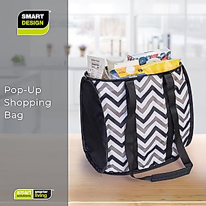 Smart Design Pop-Up Shopping Bag - Reusable - Large - Heavy Duty Polyester - Folds Flat - Supermarket, Trunk Storage - Home Organization (15 x 10 Inch) [Chevron w/Black Trim]