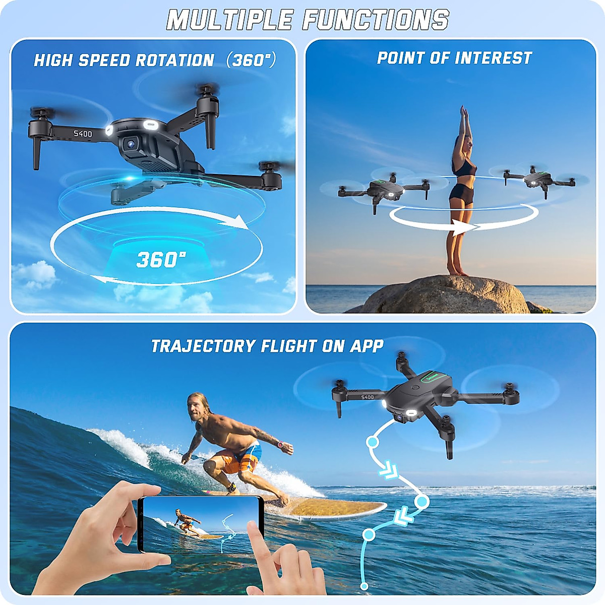 SOTAONE S400 Mini Drone for Kids with 1080P HD FPV Camera, Foldable Remote Control Helicopter Toys Gifts for Boys Girls with Auto-hovering, One Key Start/Land, Self-spin, 3D Flips 3 Speeds 2 Batteries