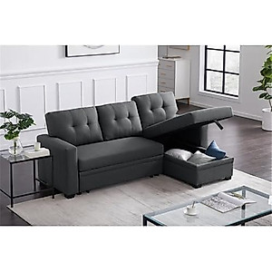 Pemberly Row L-Shaped Transitional Polyester Fabric Reversible, Easy Convertible Pull-Out Sleeper Sectional Sofa/Storage Chaise with Tufted Back Cushions and Track Arms in Dark Gray