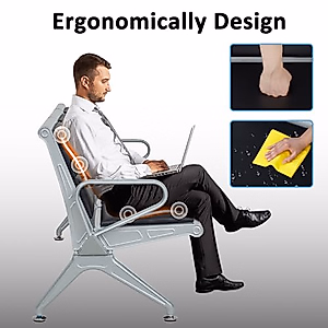 JSUN7 3 Seat Airport Reception Chair, Waiting Room Chairs with Arm, Black Leather Waiting Room Benches, Office Guest Chairs for Lobby Airport Salon Barber Shop Bank and Market, Set of 3