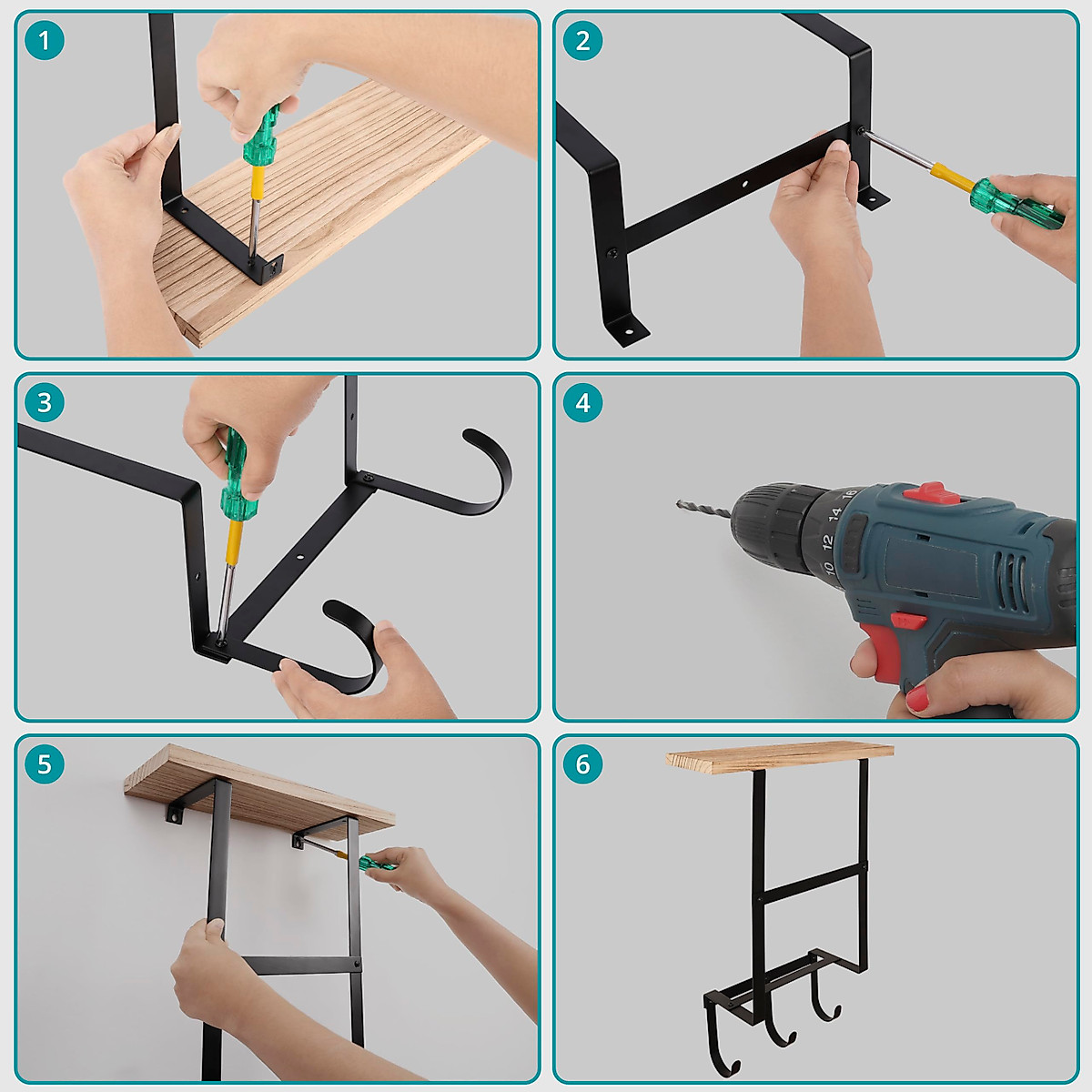 Belle Vous Wall-Mounted Towel Rack with Shelf and 3 Hooks - W13.5 x H21 Inches - Wooden Storage Shelf with Black Metal Bars for Towels - Folded/Rolled Towel Organizer Holder for Bathroom