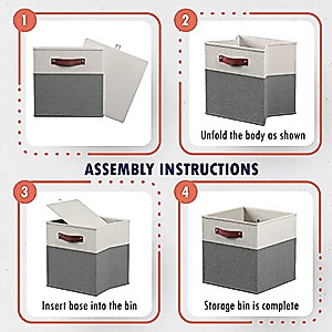 Ornavo Home Foldable Collapsible Storage Box Bins Linen Fabric Shelf Basket Cube Organizer with Leather Handles - Set of 6 - 13 x 13 x 13 - White/Gray