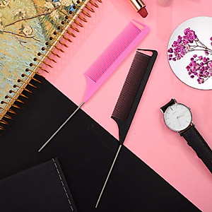 18 Pieces Parting Comb for Braids, Rat Tail Teasing Stainless Steel Pintail Comb for Hair Cutting Hair Styling Hairdressing (Black, Pink)