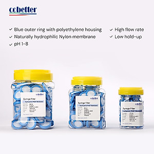 COBETTER 100 Pack PVDF Syringe Filter Lab Filters 0.22μm Pore Size 13mm Diameter Hydrophilic Filtration Non-sterile Blue