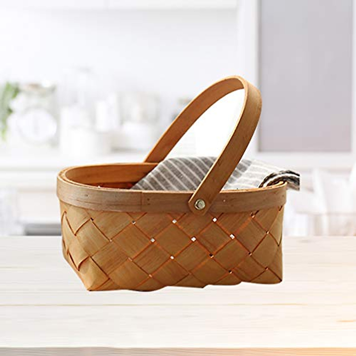 Veemoon Wicker Basket with Handle Woven Basket with Handle Wooden Handmade Rattan Storage Basket Storage Container Houseware Storage Basket for Camping Outdoor Party Park Beach (Medium)
