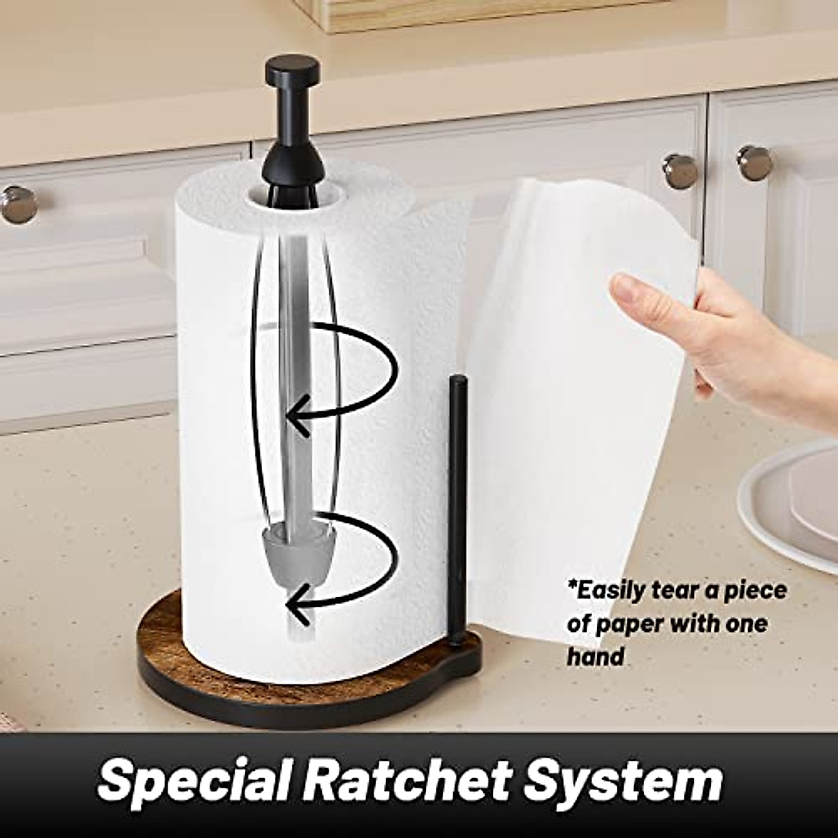 VEHHE Paper Towel Holder Stand, Wood Farmhouse Paper Towel Holder Countertop with Ratchet System and Suction Cups, Stainless Steel Perfect Tear Paper Towel Roll Holders with Wooden Base- Black