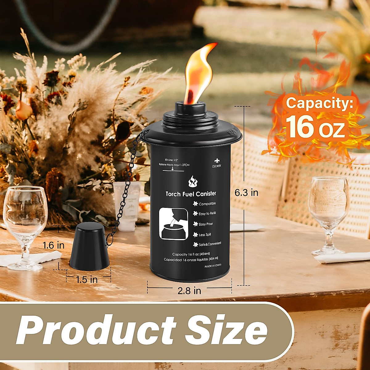 ZSZMFH 16oz Torch Canisters, 6 Pack Bamboo Torch Refillable Replacement Canister, Outdoor Citronella Fuel Torch Canister with Wicks and Covers,for Luau Party, DIY Garden Decor.