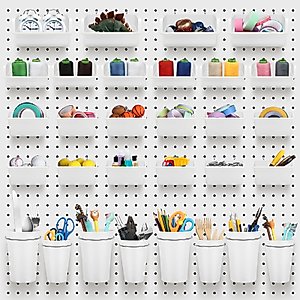 Roowest 60 Pcs Pegboard Cups Pegboard Bins Set, Pegboard Wall Organizer with Hooks and Loops, Peg Hooks Assortment Organizer Accessory for Office Storage Garage Craft Workshop (White)