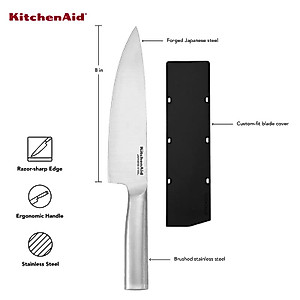 KitchenAid Gourmet Forged Triple-Rivet Chef Knife with Custom-Fit Blade Cover, 8-inch, Sharp Kitchen Knife, High-Carbon Japanese Stainless Steel Blade, Black
