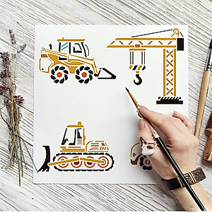 FINGERINSPIRE 12 Pcs Construction Vehicle Stencils 7.9x7.9 inch Reusable Truck Stencils Plastic Forklifts Excavators Cranes Mixers Pattern Stencil Reusable Construction Vehicle Stencil for Painting