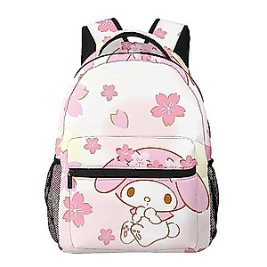 Cute My Bunny Melody And Flowers Backpack Cartoon My Bunny Melody Characters Backpack Double Shoulder Strap Adjustable Durable Laptop Bag Backpacks Lightweight Cute Travel Daypack With Keychain