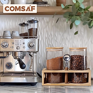 ComSaf Glass Coffee Container with Shelf, 2PCS Coffee Bean Storage Jars, 44 OZ Coffee Canister with Scoop, Glass Canister with Airtight Lid for Kitchen Coffee Station Organizer for Coffee, Sugar, Tea