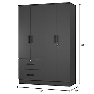 Woodpeckers Furniture And Mattress 4 Doors Wardrobe 2 Drawers with Shelves 72" high (Black)